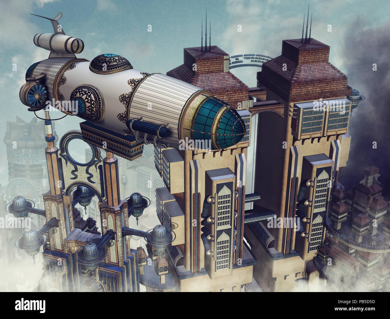 Futuristic buildings in the clouds and a colorful flying machine. 3D ...