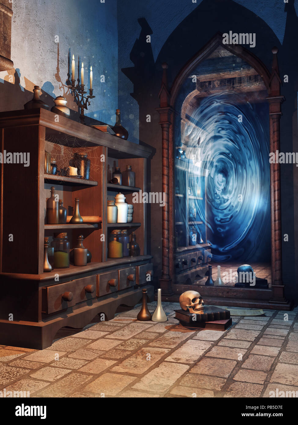 Fantasy chamber with ritual books, skulls, candles and magic potions ...
