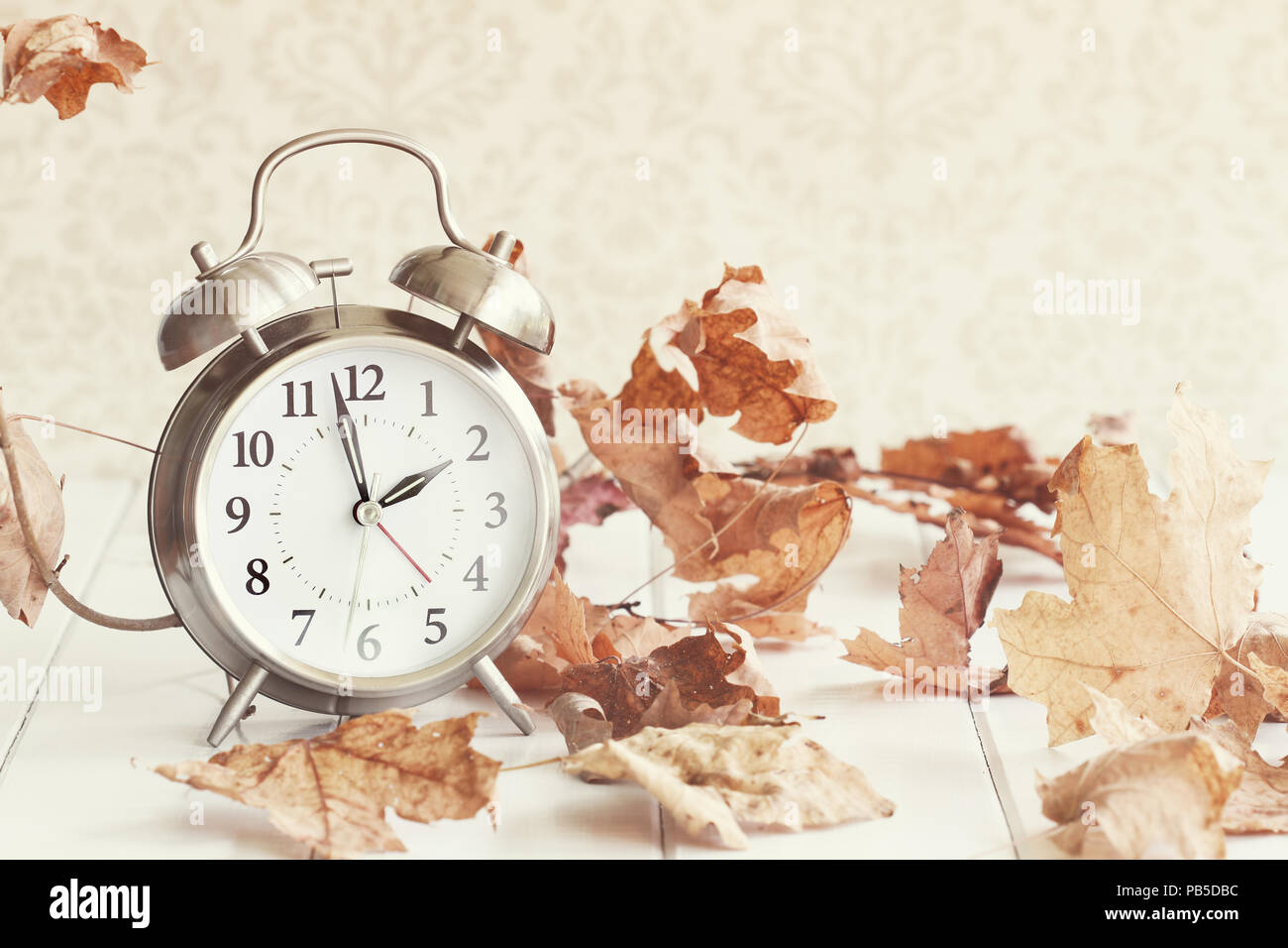 Faded Alarm clock in colorful autumn leaves against a retro background ...