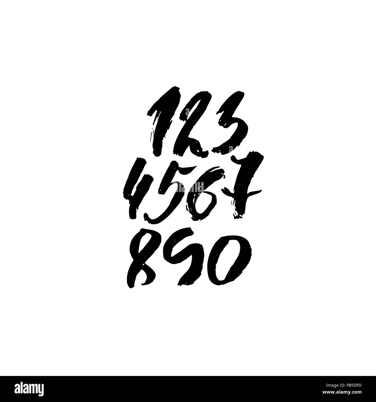 Set of calligraphic ink numbers. Textured dry brush lettering. Vector ...