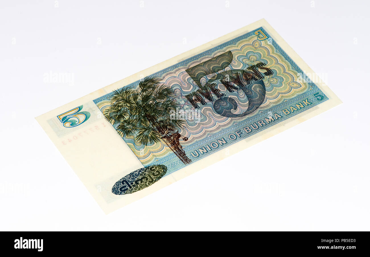 5 kyat bank note of Burma. Kyat is the national currency of Burma Stock ...