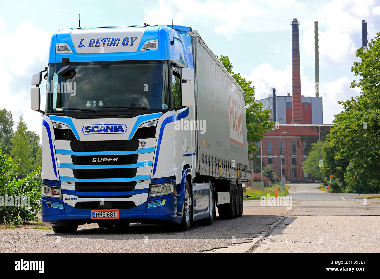 Blue and white Next Generation Scania S450 semi trailer of L. Retva on ...