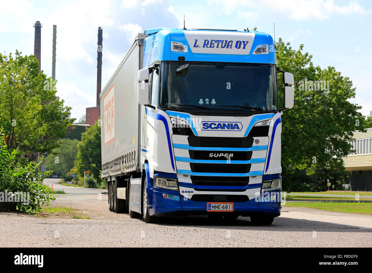 Blue and white Next Generation Scania S450 semi trailer of L. Retva on ...