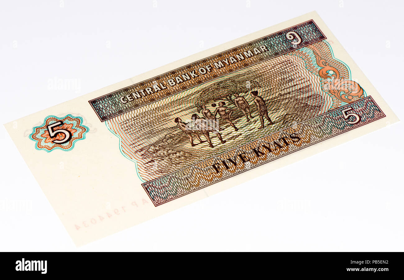 5 kyats bank note. Kyat is the national currency of Myanmar Stock Photo ...