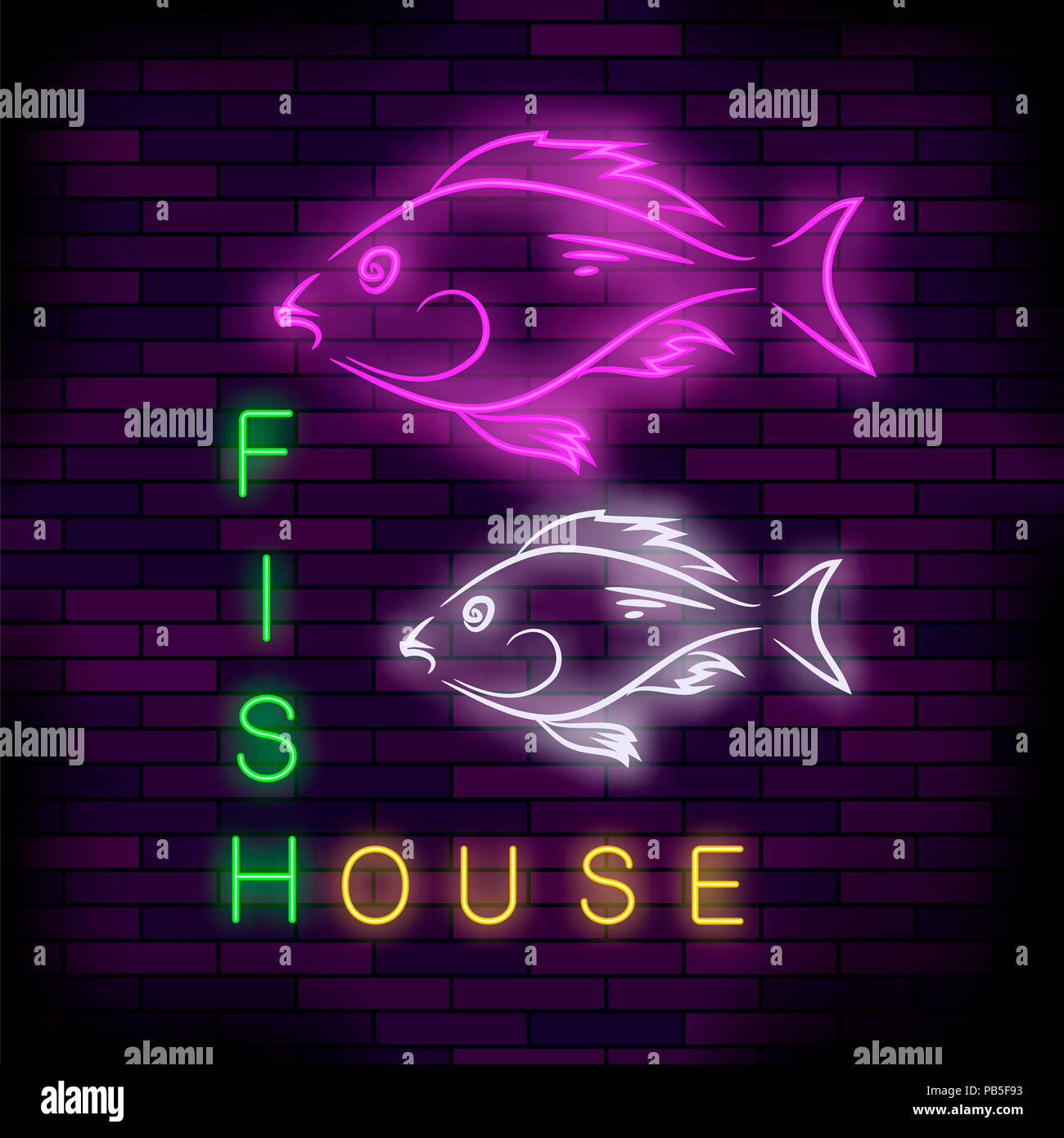 Colorful Neon Fish House Sign Stock Photo - Alamy