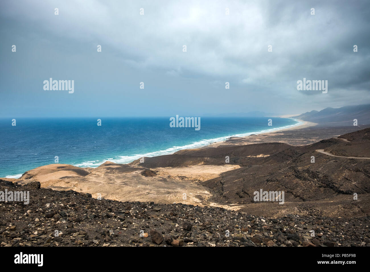 Cofete town and beach in Fuerteventura. beautiful long yellow sand wild ...