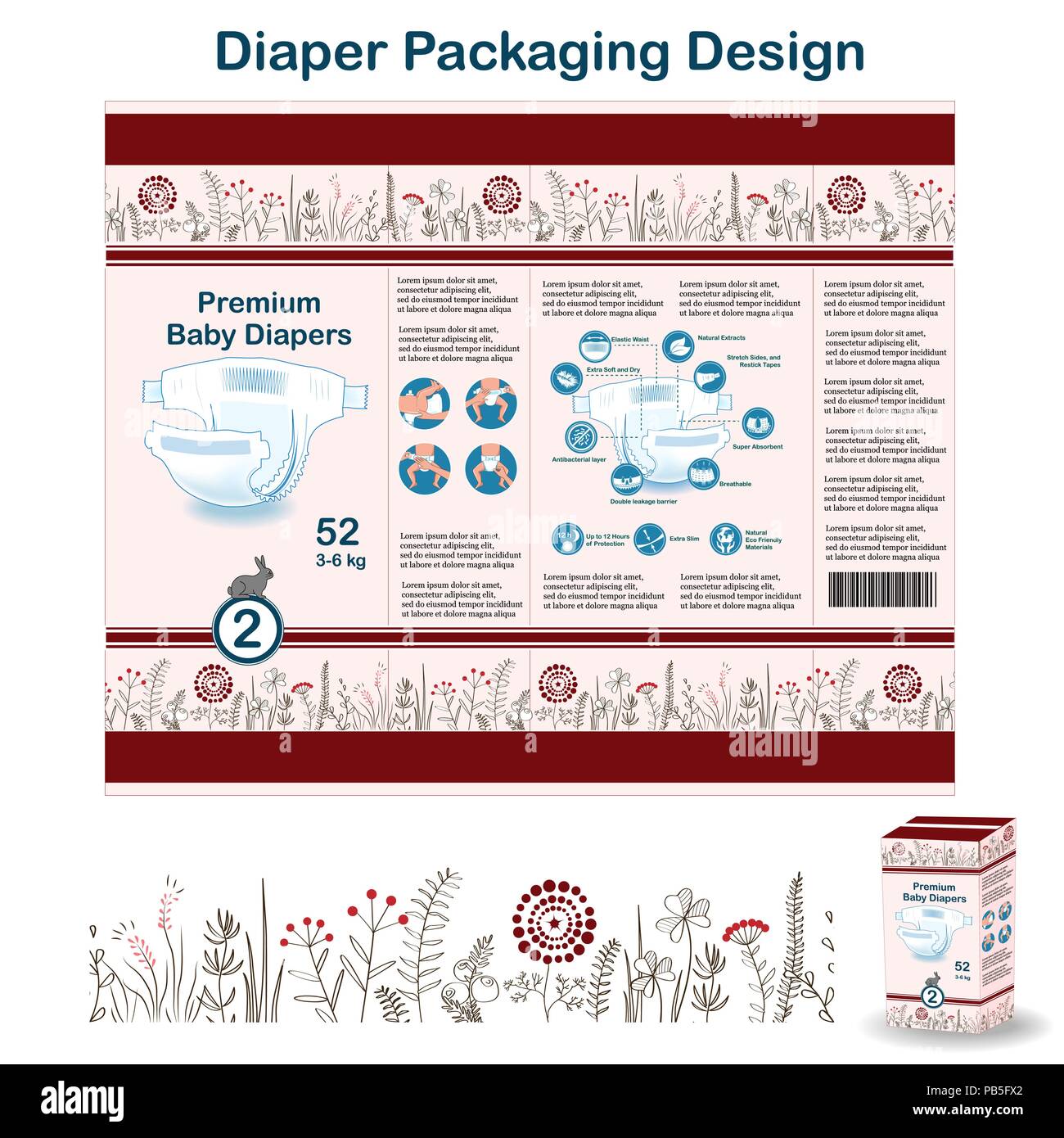 Diaper packaging design elements in doodle forest style. Nappy pakaging ...