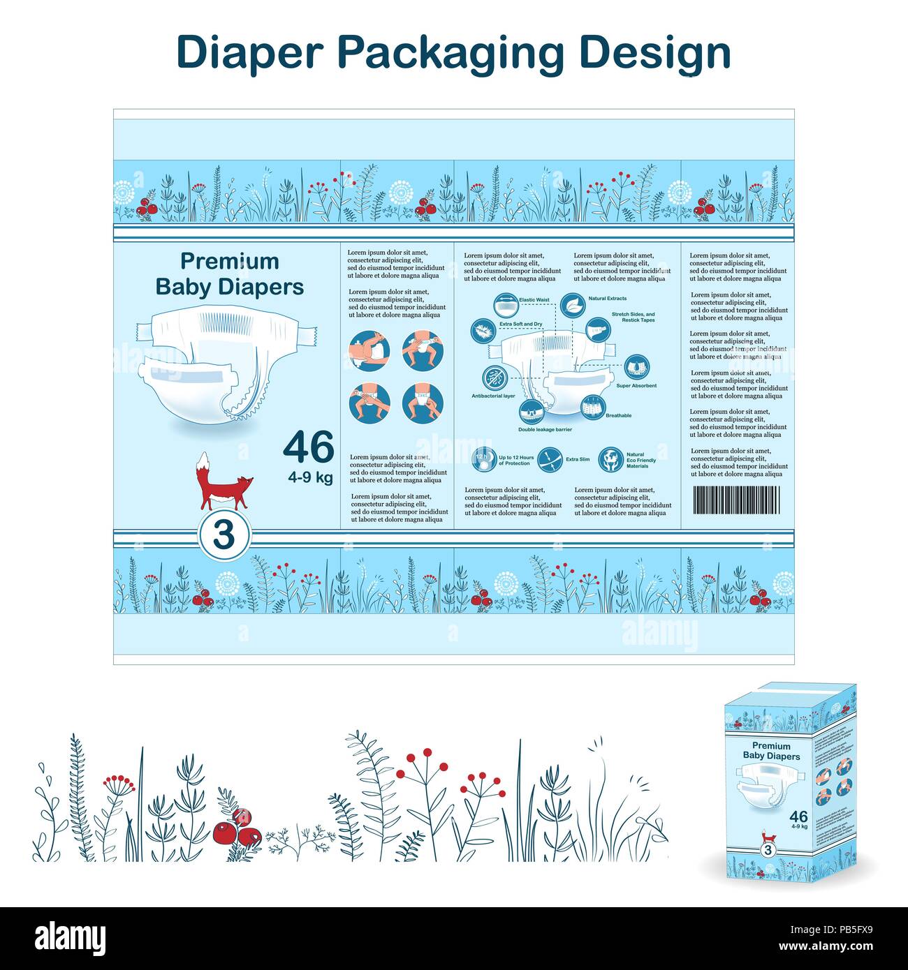 Diaper packaging design elements in doodle forest style. Nappy pakaging ...