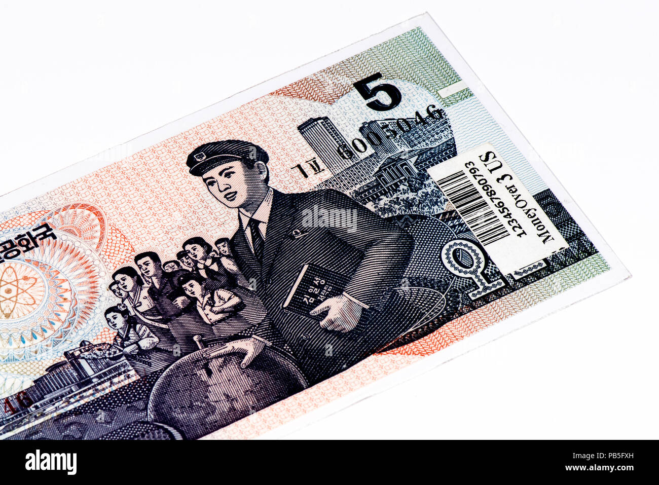 5 North Korea won bank note. North Korea won is the national currency ...