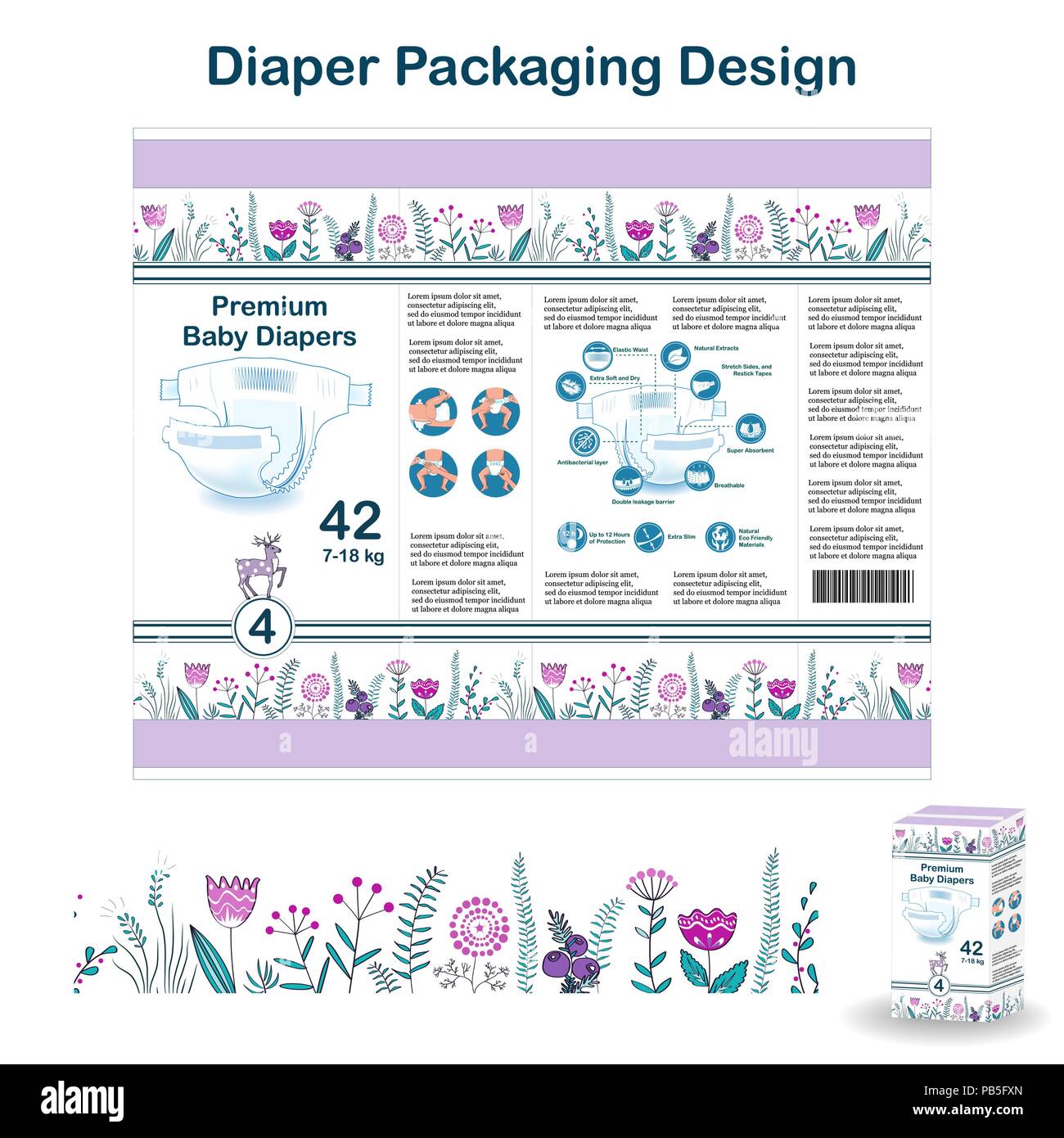 Diaper packaging design from doodle forest style collection. Nappy ...