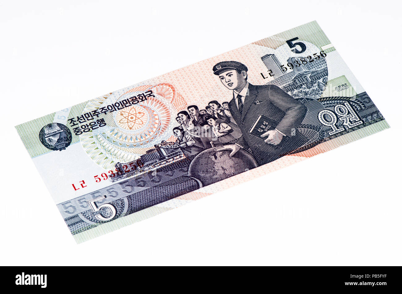 5 North Korea won bank note. North Korea won is the national currency ...