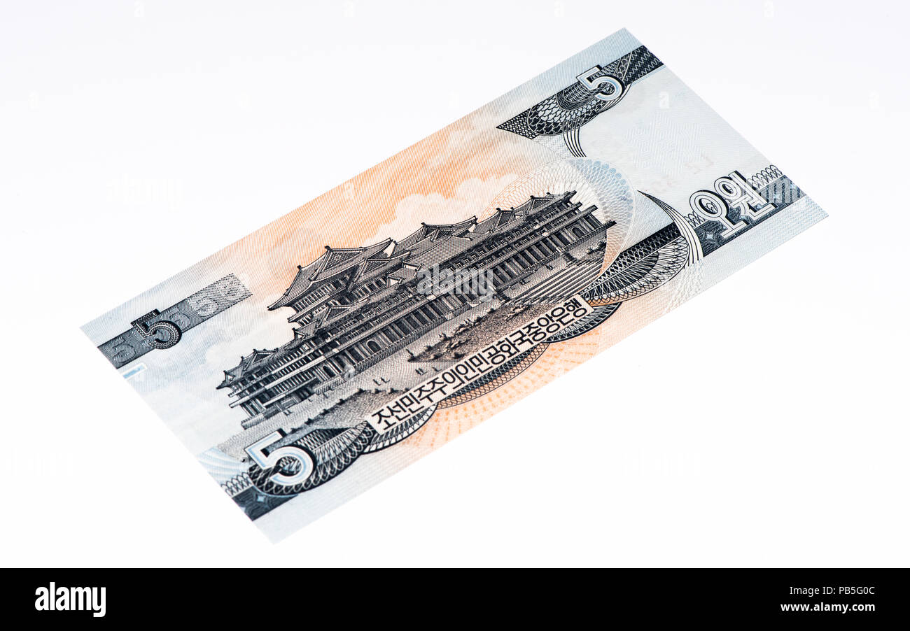 5 North Korea won bank note. North Korea won is the national currency ...