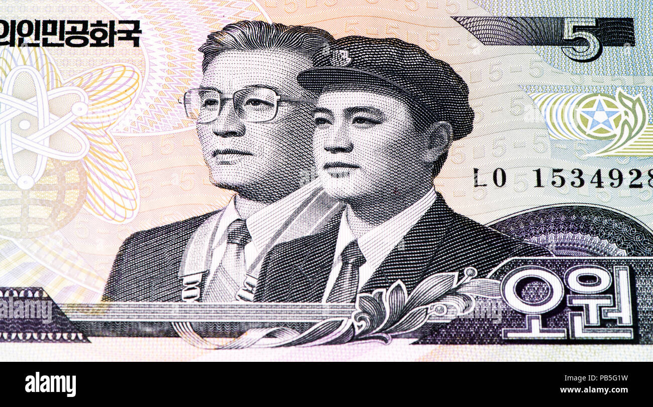 5 North Korea won bank note. North Korea won is the national currency ...