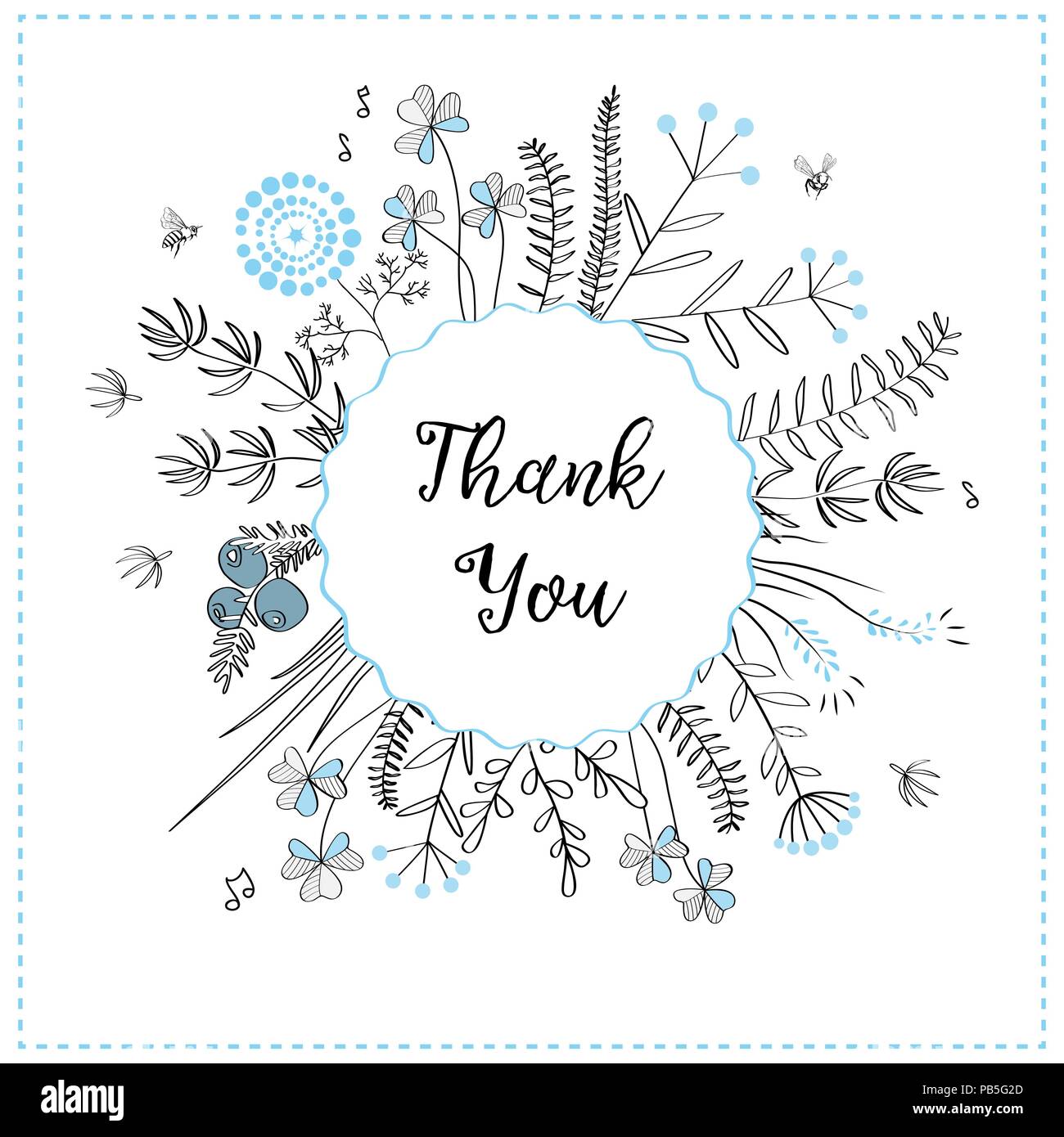 Card with medow herbs and text Thank You. Vector illustration. Circle ...