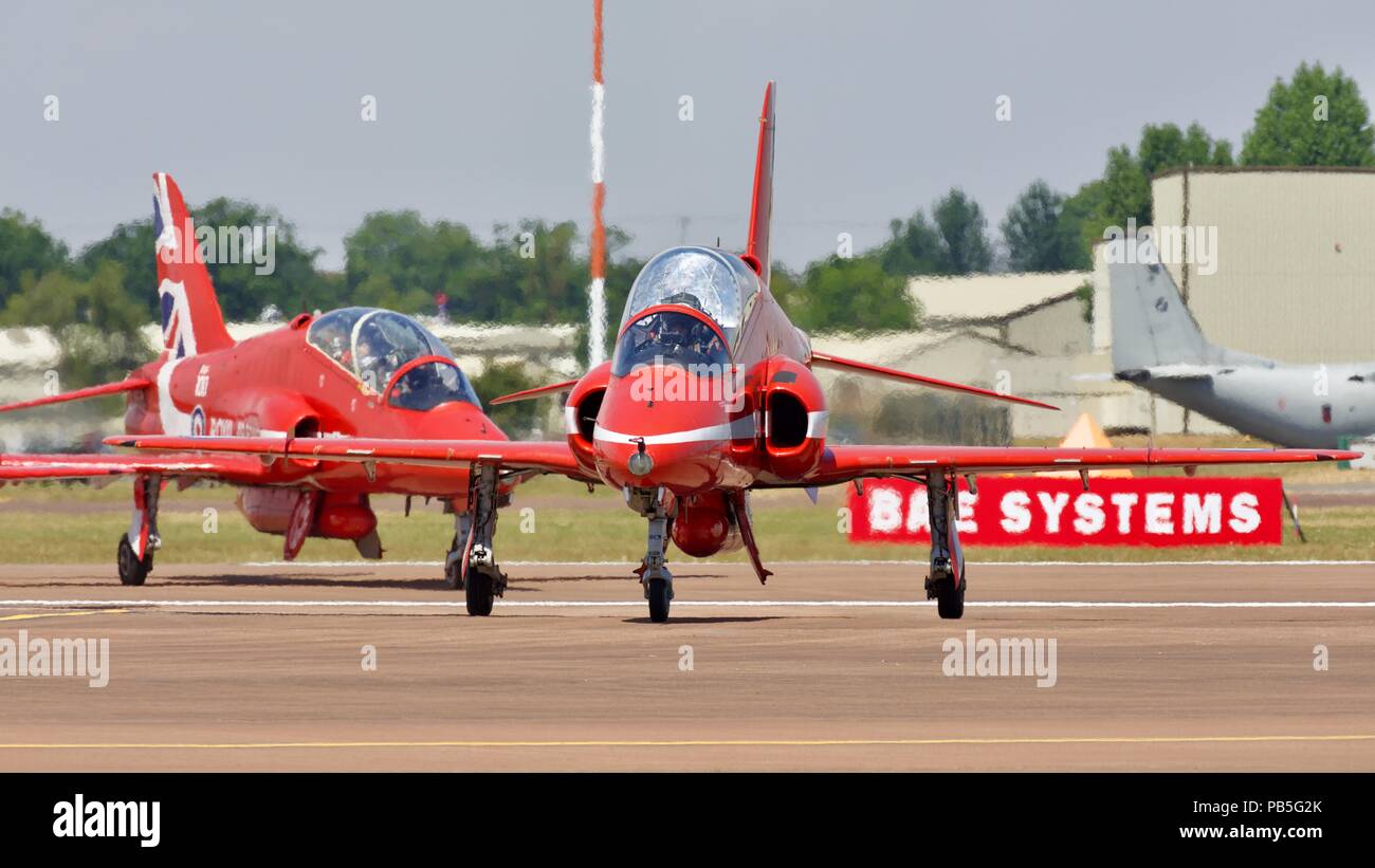 Royal Air Force Red Arrows BAE Systems Hawk T1/T1A jets taxiing at RAF Fairford ready to perform ...