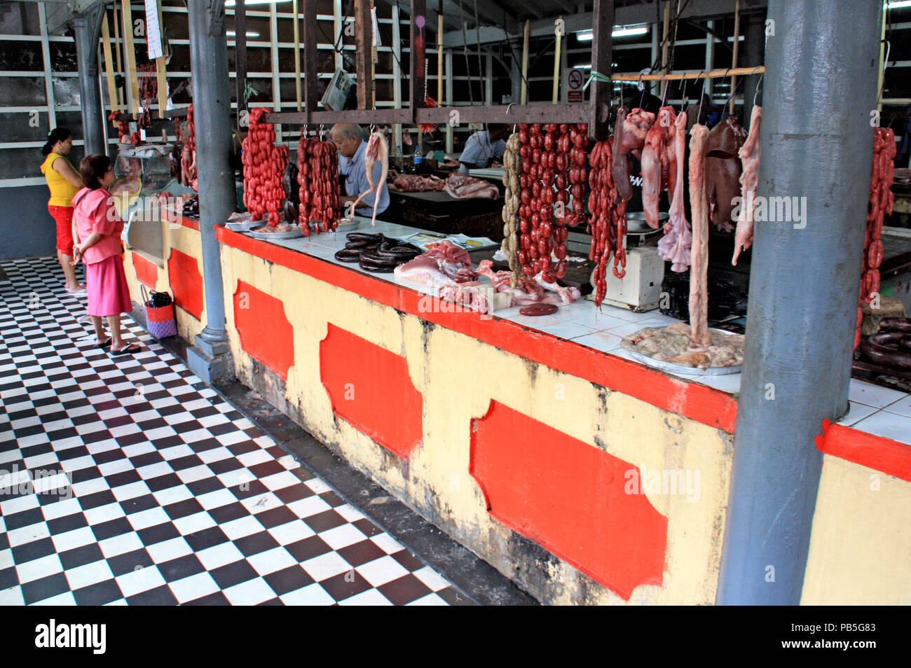 Sausages and different kind of meat for sale at a butcher's stall in ...