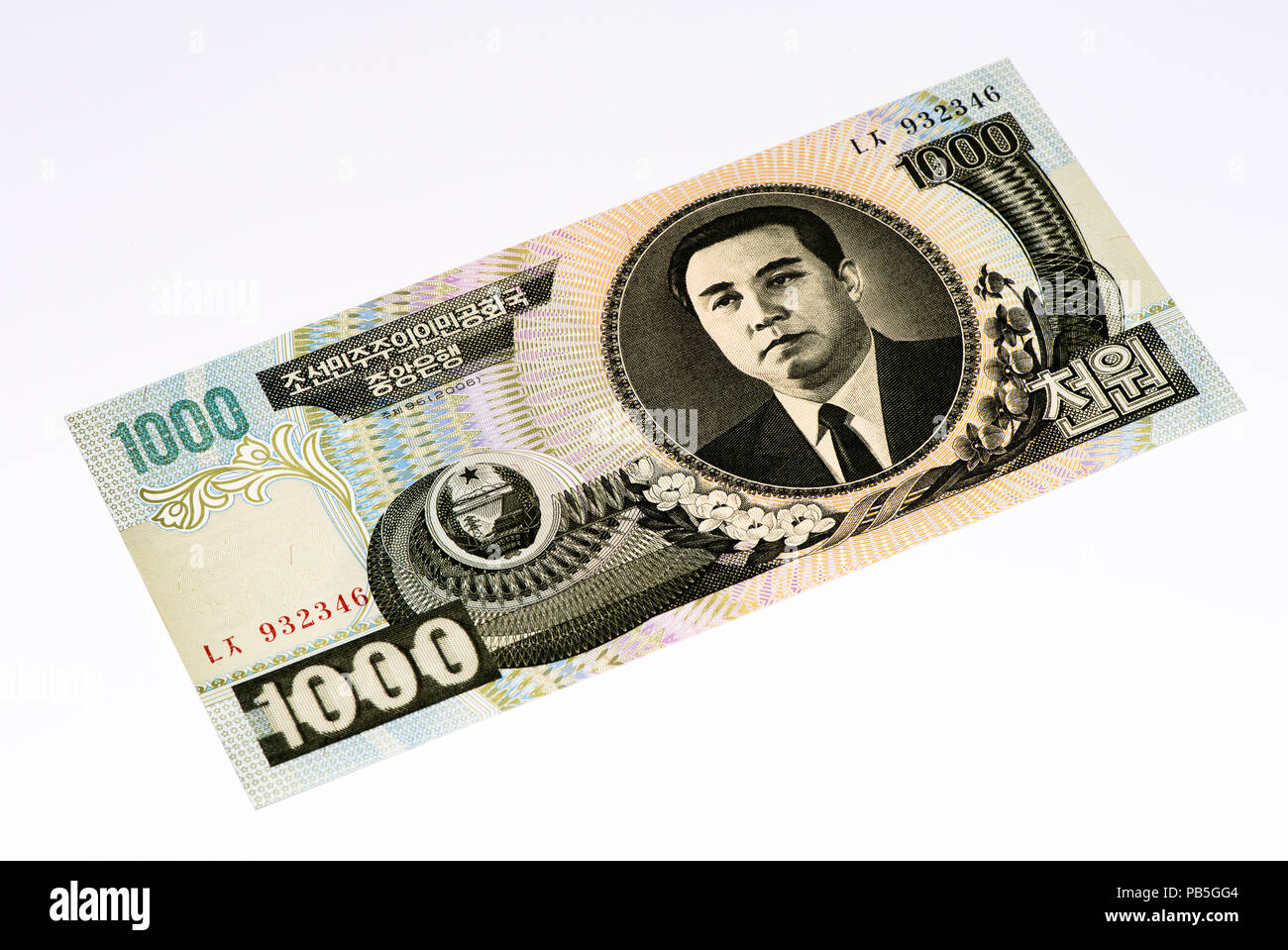 1000 North Korea won bank note. North Korea won is the national ...
