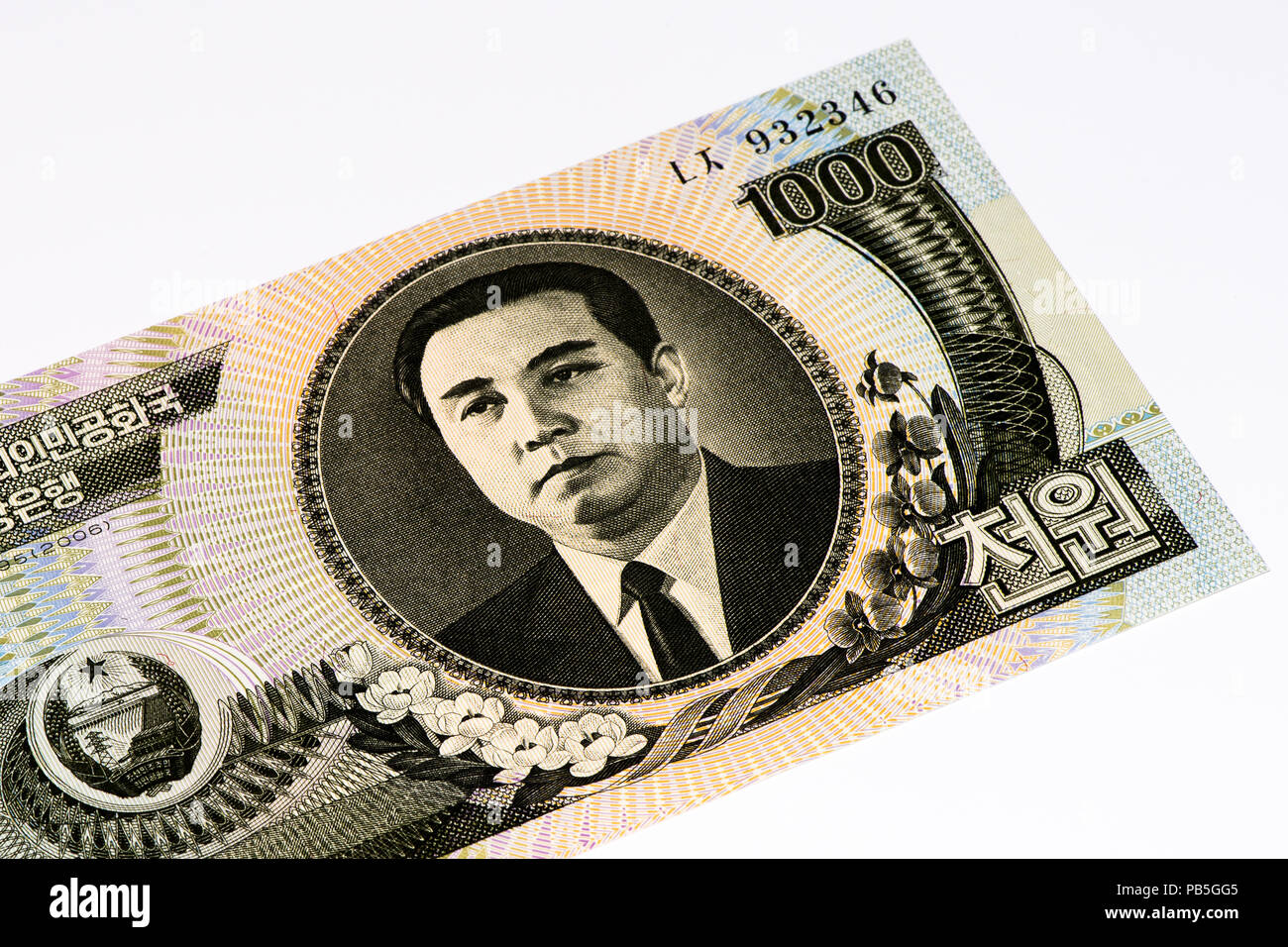 1000 North Korea won bank note. North Korea won is the national ...