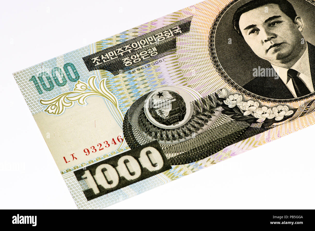 1000 North Korea won bank note. North Korea won is the national ...