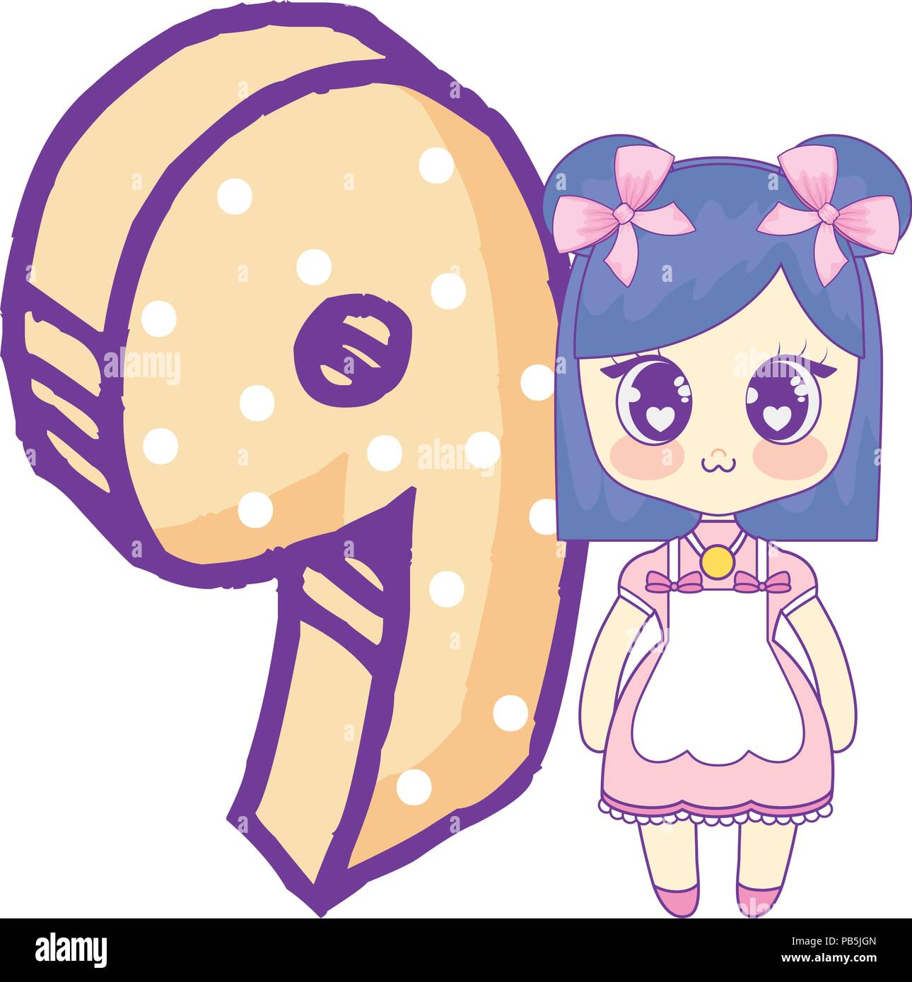 cute number nine and anime girl icon over white background, vector ...