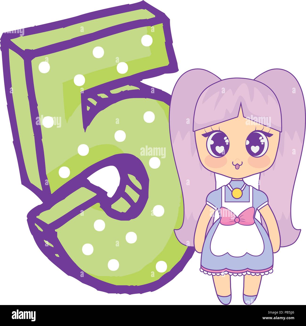 Kawaii girl with cute number five over white background, vector ...