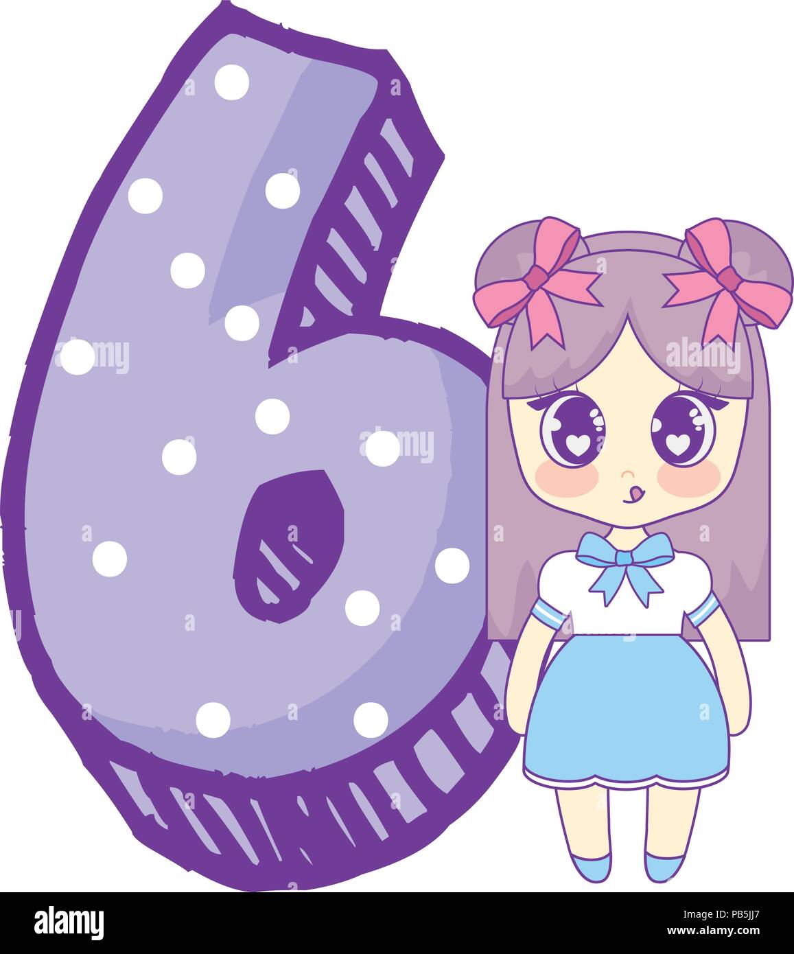 cute number six and anime girl icon over white background, vector ...