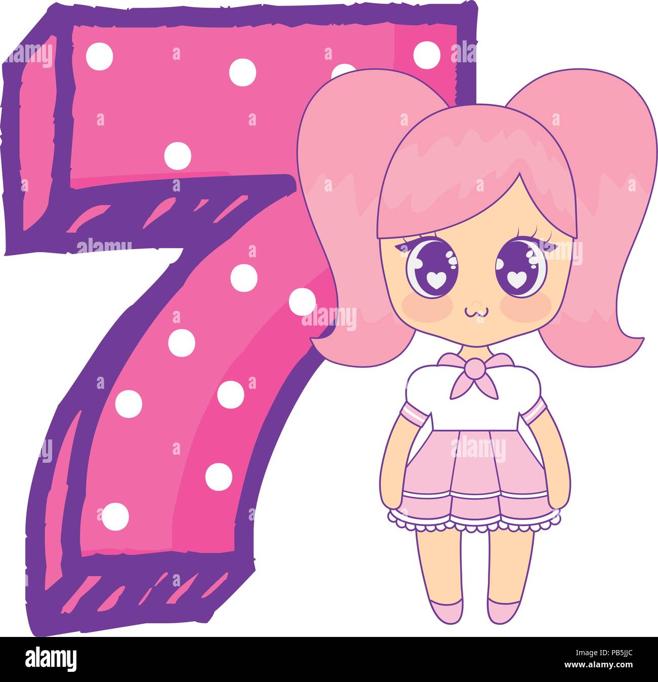 Kawaii girl with cute number seven over white background, vector ...