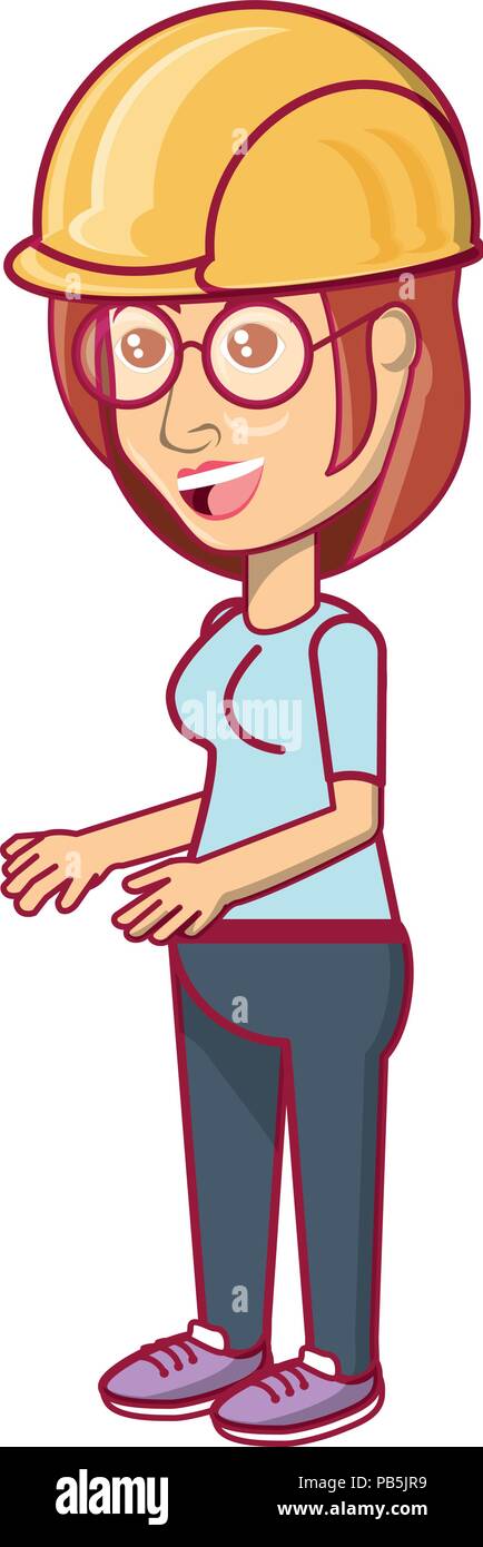 cartoon woman with glasses and safety helmet over white background ...