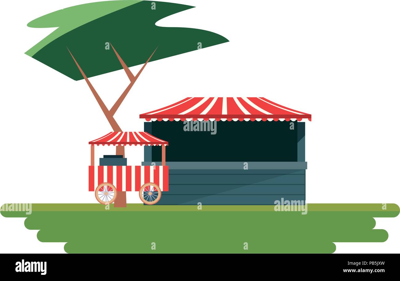 carnival circus design with food cart and ticket store over white ...