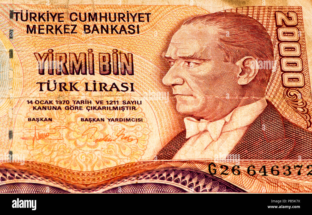 20000 Turkish liras bank note. Turkish lira is the national currency of ...