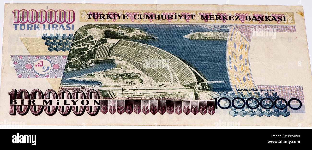VELIKIE LUKI, RUSSIA - JULY 30, 2015: 1000000 Turkish liras bank note ...
