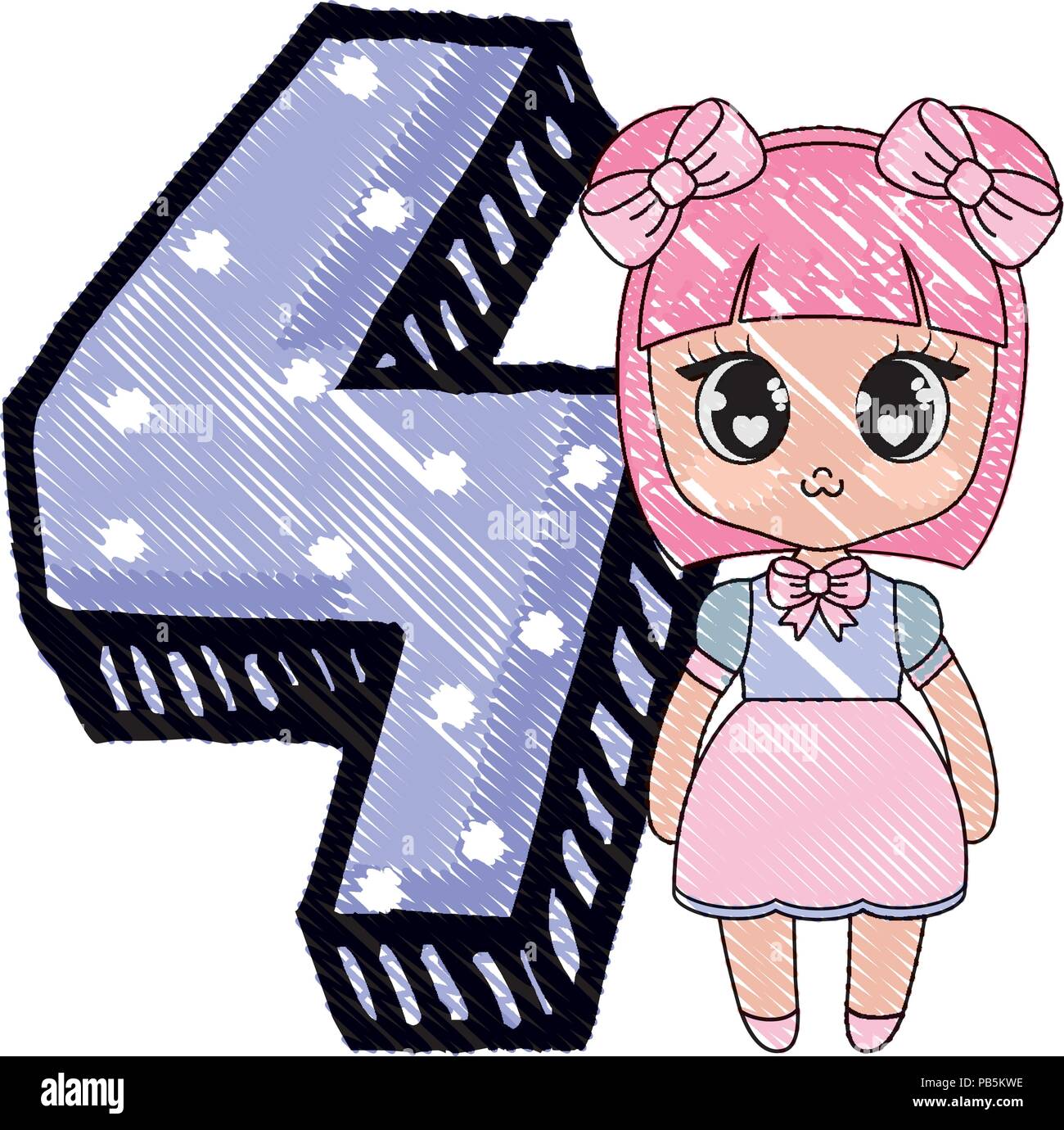 Kawaii girl with cute number four over white background, vector ...