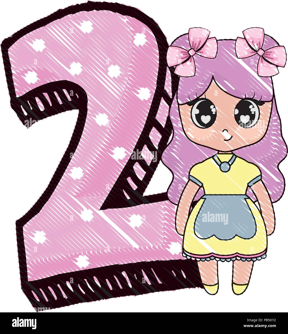 Kawaii girl with cute number two over white background, vector ...