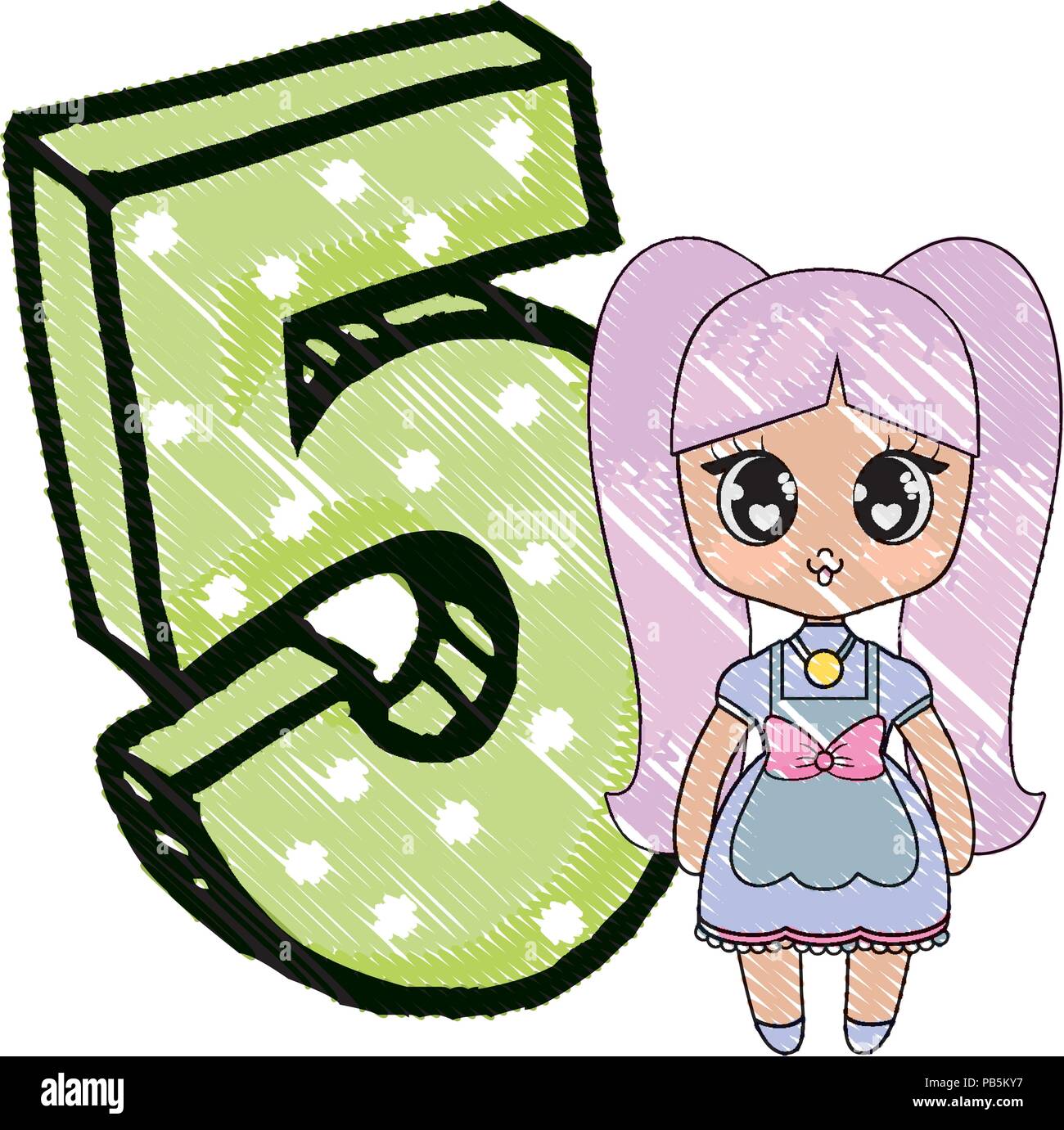cute number five and anime girl icon over white background, vector ...