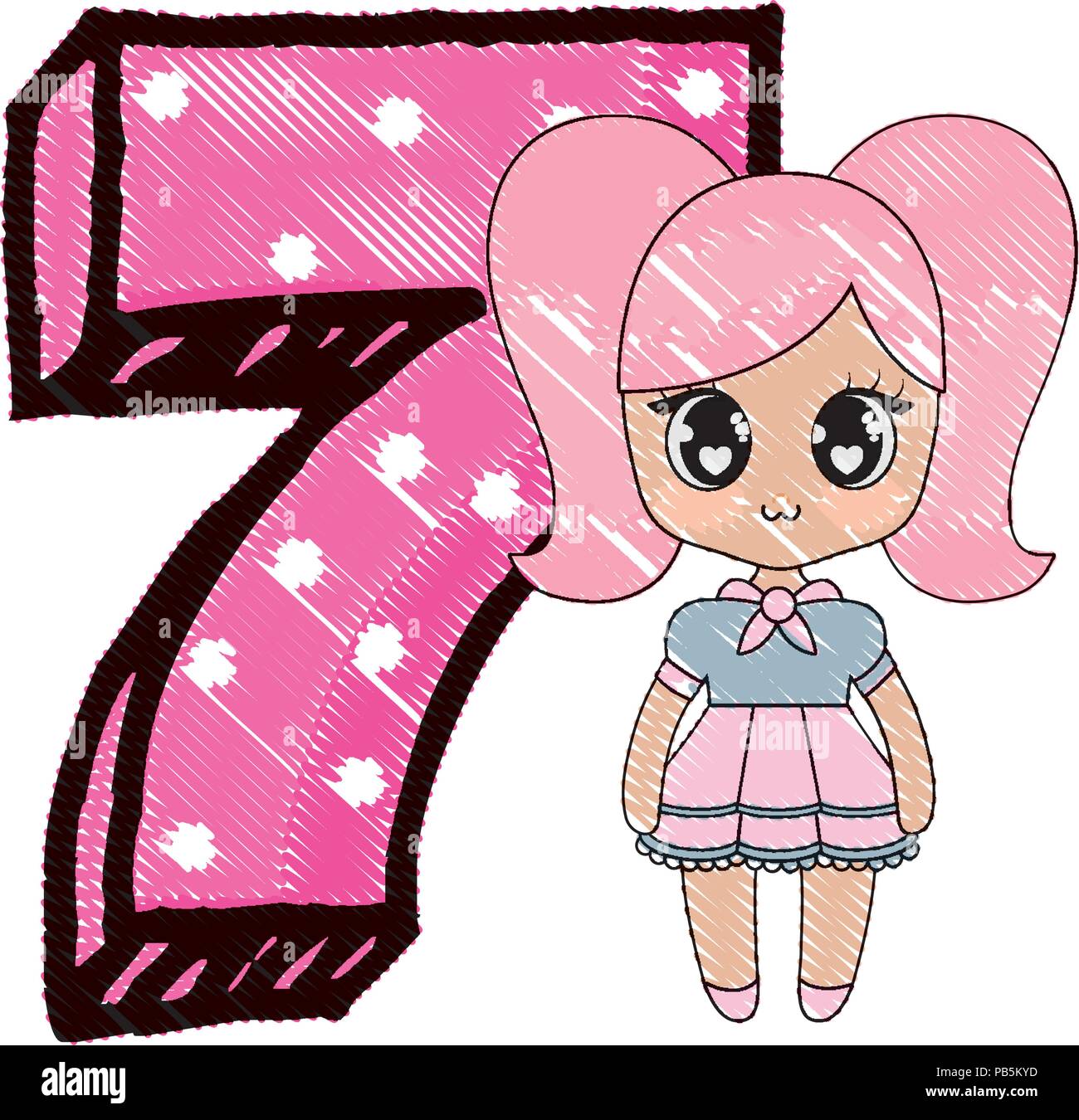cute number seven and anime girl icon over white background, vector ...