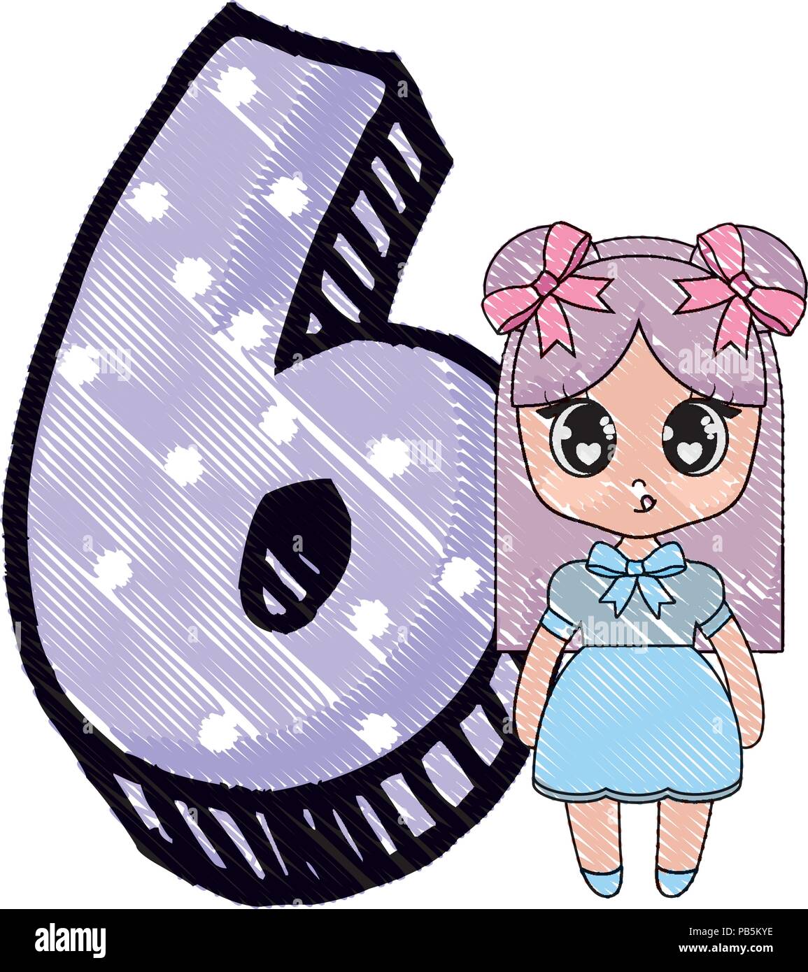 Kawaii girl with cute number six over white background, vector ...