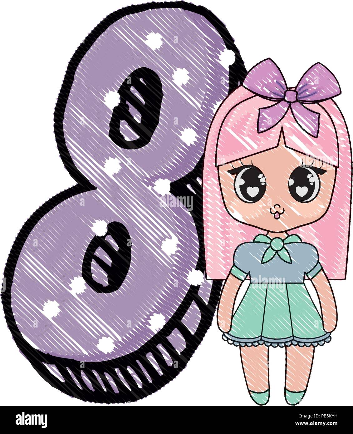 Kawaii girl with cute number eight over white background, vector ...