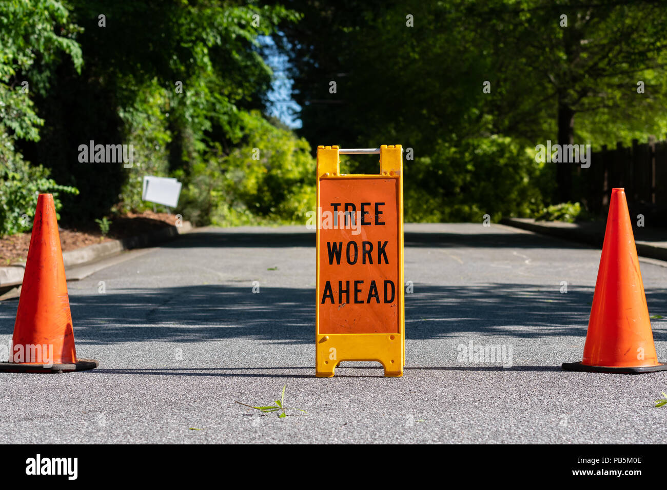 Tree Work Ahead Sign with Two Traffic Cones on each side Stock Photo ...