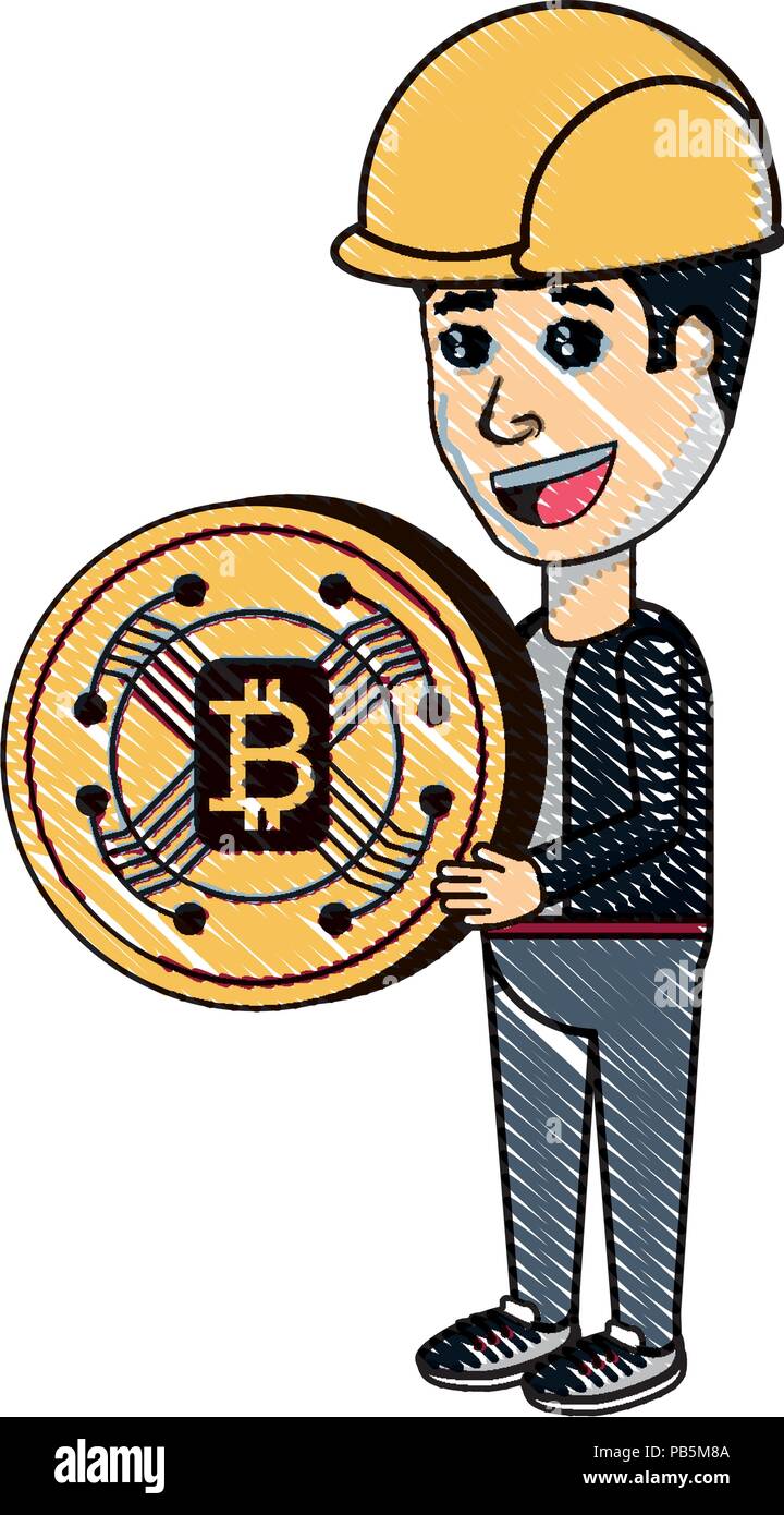 cartoon man holding a bitcoin coin over white background, vector ...