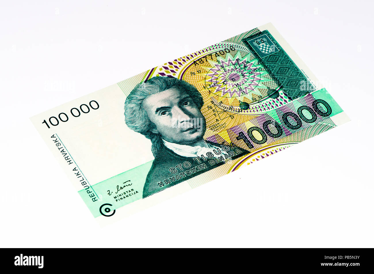 100000 Hrvatski dinar bank note. Croatian dinar is the former currency ...