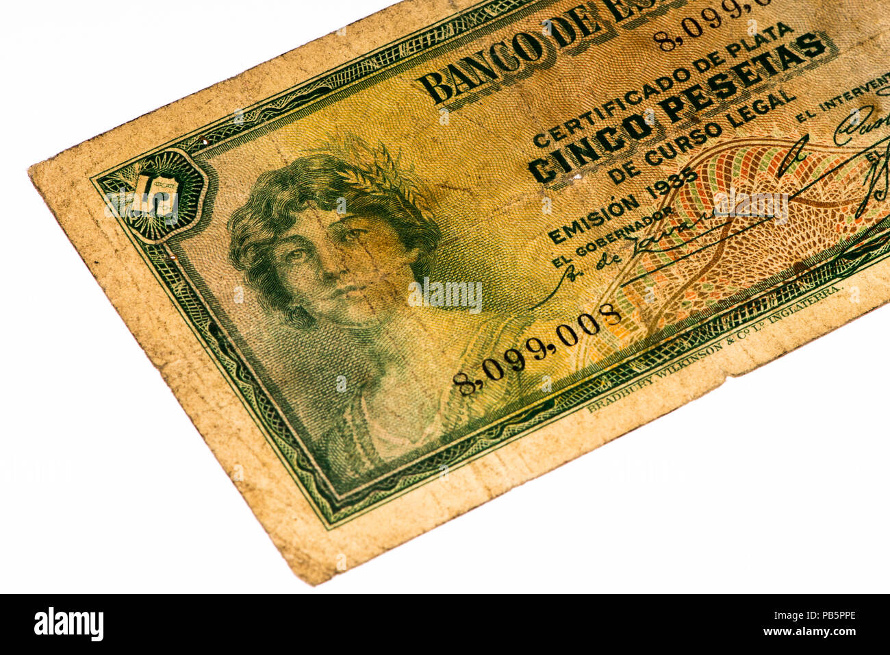 5 Spanish pesetas bank note. Peso is the former currency of Spain Stock ...