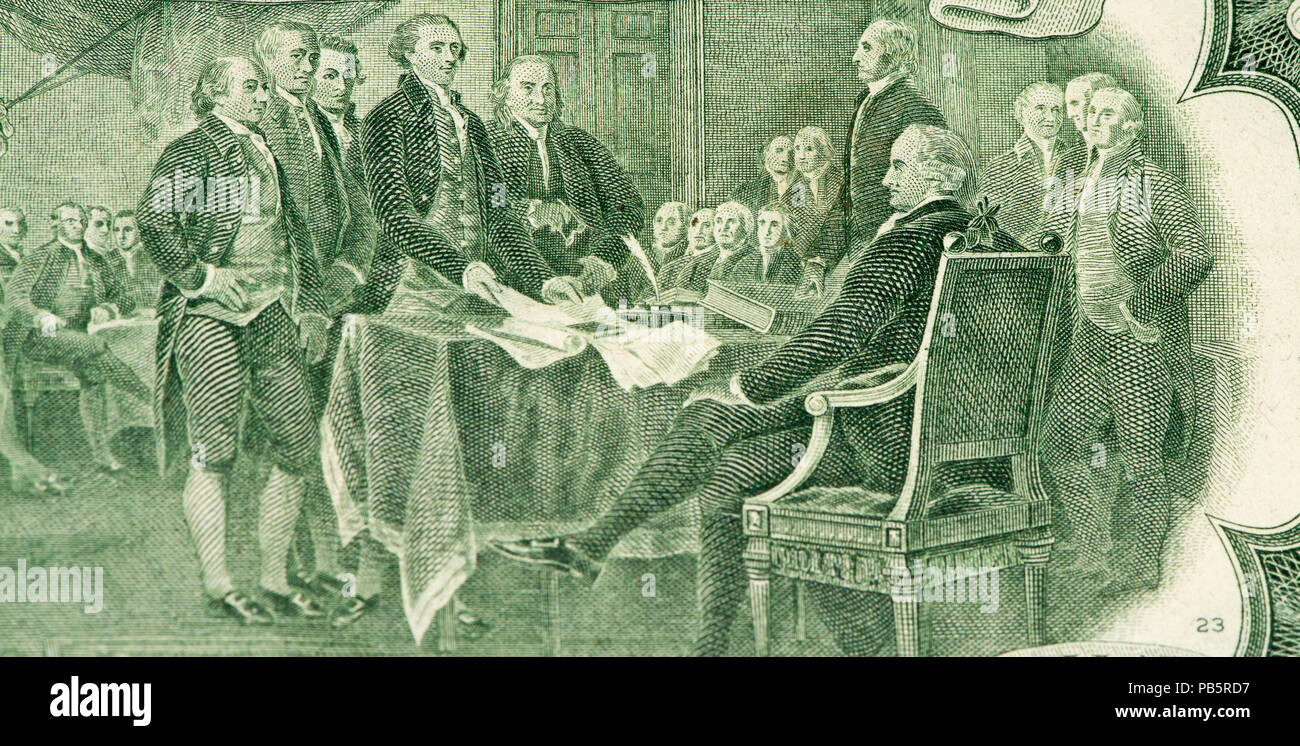 Signing the declaration of independence on the 2 US dollars bank note ...