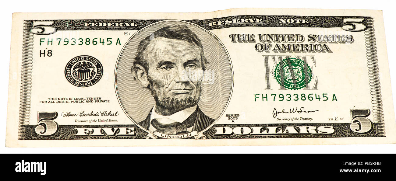 5 US dollars banknote made in 2003. Abe Linkoln portrait Stock Photo ...