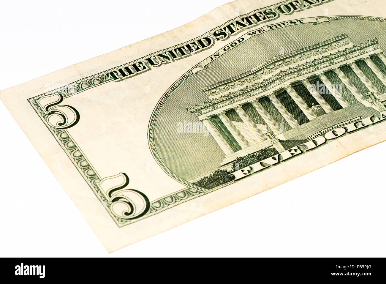Lincoln memorial on a 5 US dollars banknote made in 2003 Stock Photo ...