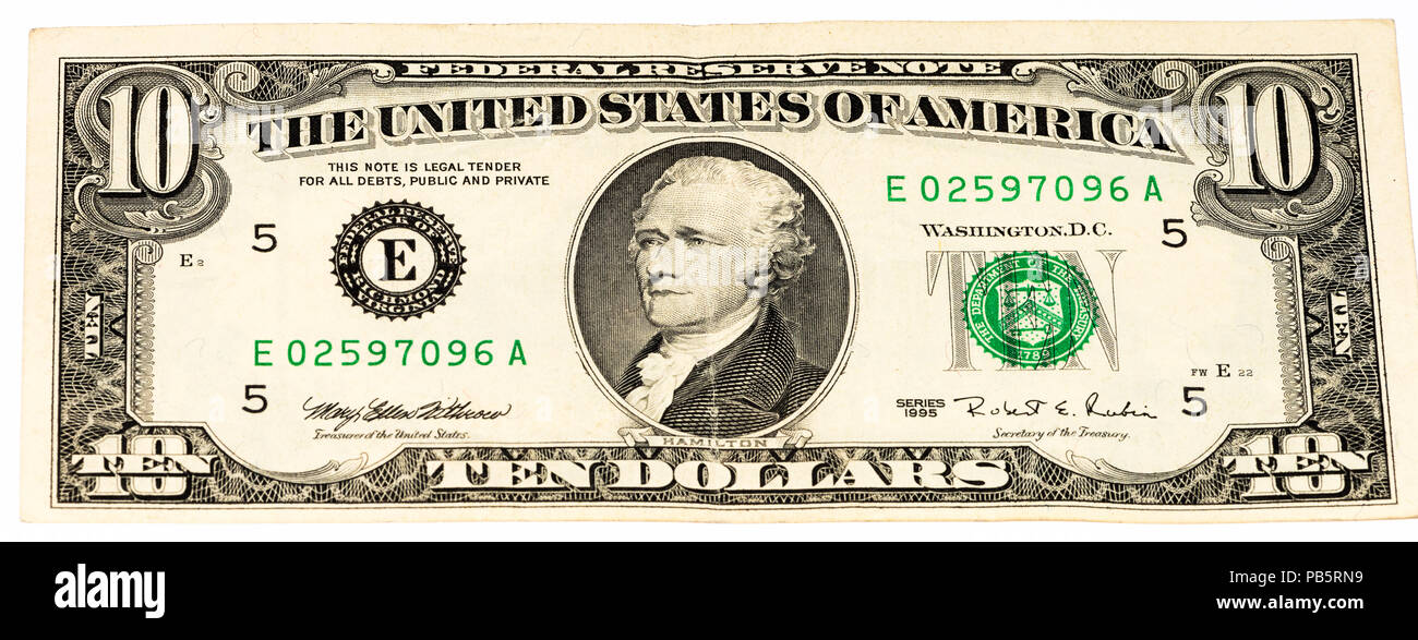 10 US dollars bank note made in 1995 Stock Photo - Alamy
