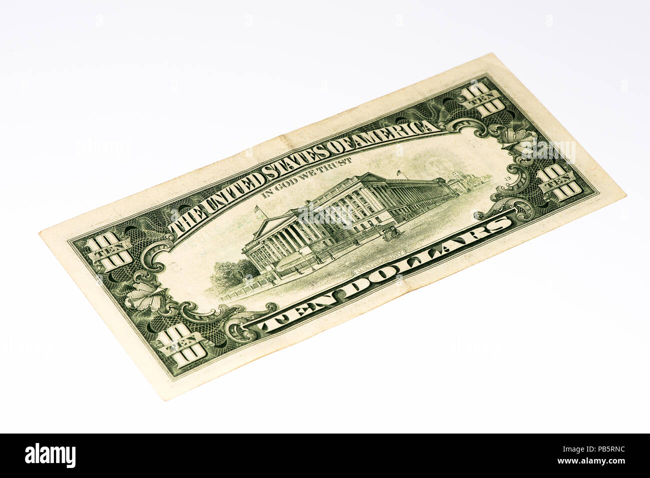 US treasury on a 10 US dollars bank note made in 1995 Stock Photo - Alamy