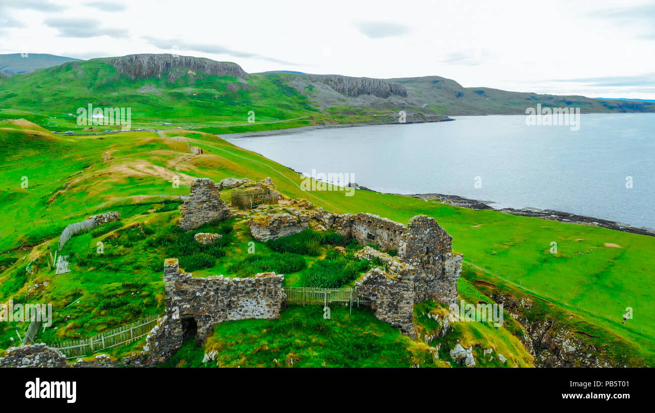 The ruins of Duntulm Castle on the Isle of Skye - aerial view Stock ...