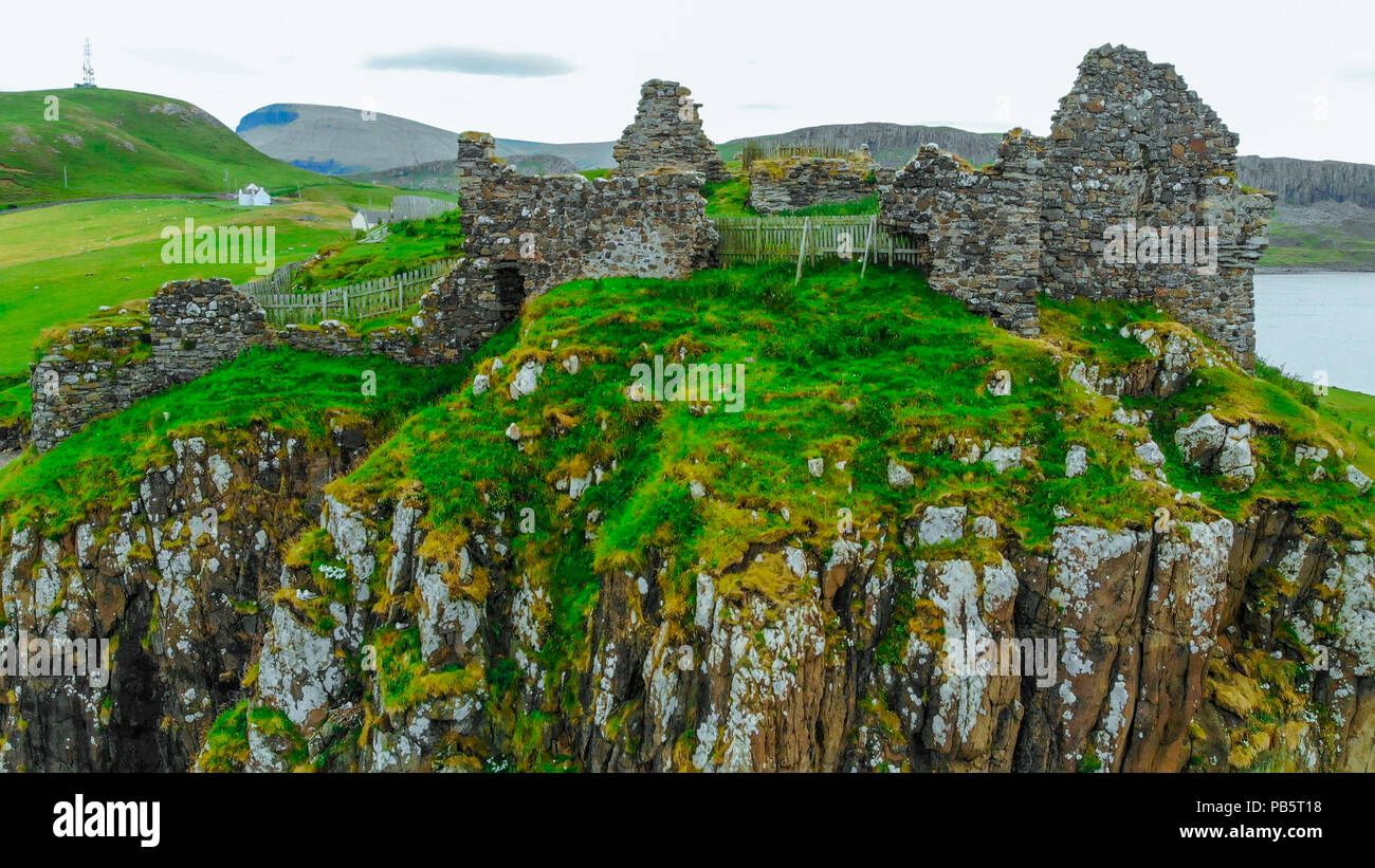 The ruins of Duntulm Castle on the Isle of Skye - aerial view Stock ...