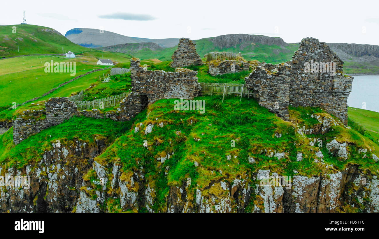 The ruins of Duntulm Castle on the Isle of Skye - aerial view Stock ...