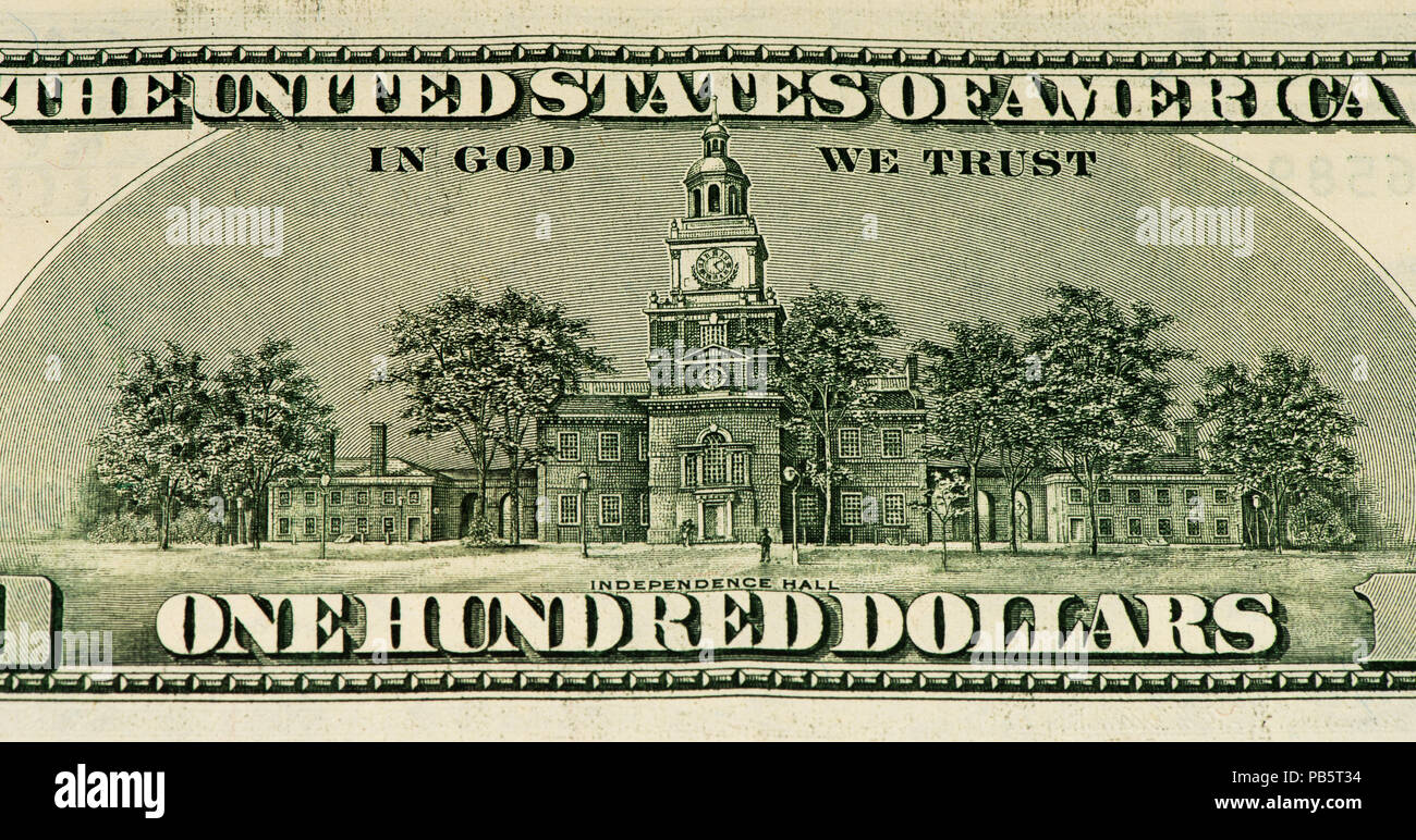 Independence hall on a 100 US dollars bank note made in 2006 Stock ...